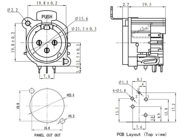PXLR3FH 3-pin Female XLR Chassis Connector Horizontal - PropAudio