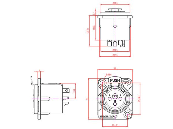 Rean 3 pole female xlr chassis connector RC3FDL - PropAudio