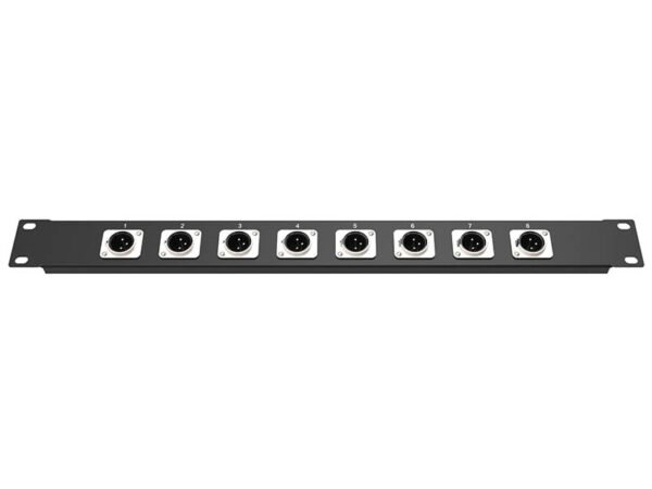 RPX1U08MR 1RU 8-port male XLR patch panel rotated 90° - PropAudio